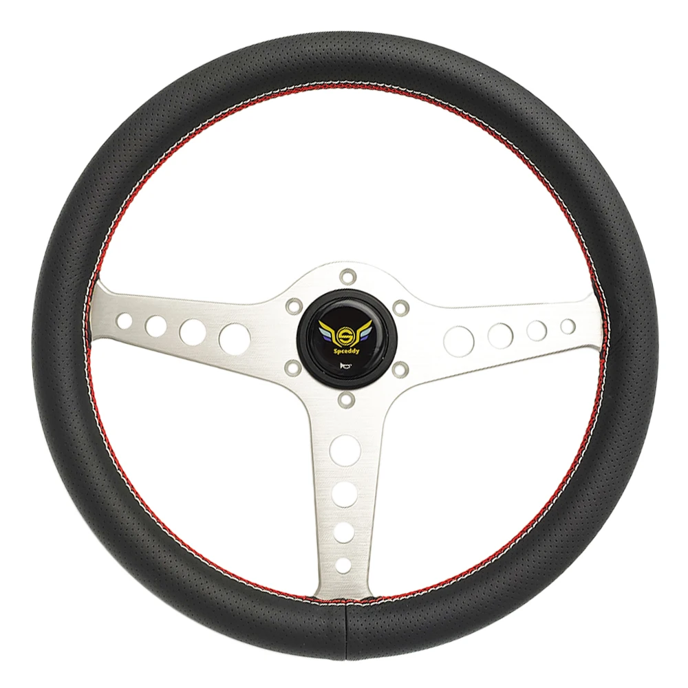 Silver-Lightweight-Aluminum-Spceddy-14inch-Real-Leather-Steering-Wheel ...