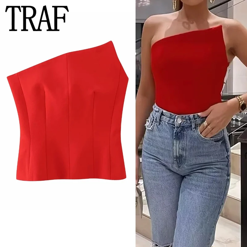 TRAF-Red-Corset-Top-Woman-Off-Shoulder-Tops-For-Women-Bustier ...