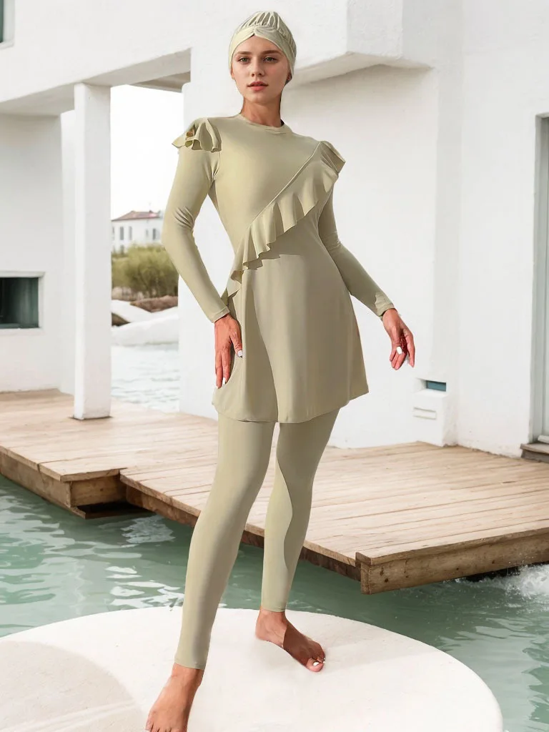 3pcs Muslim Burkini Femmes Swimsuit Wooden Lace Solid Swimwear for ...