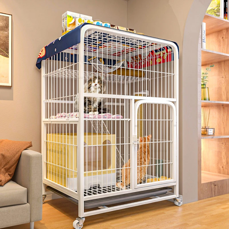 Indoor-Cat-Cages-with-Wheels-Heavy-Duty-Metal-Dog-Cage-Luxury-Villa-Cat ...