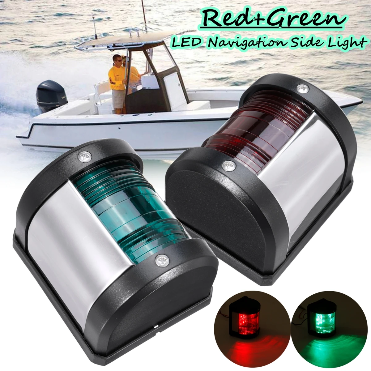 Pair Stainless Steel 12V LED Bow Navigation Light Red Green Sailing ...