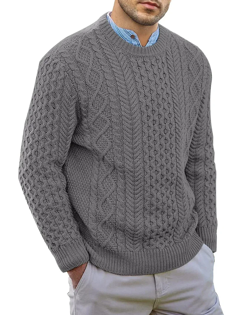 Men Vintage Round Neck Solid Color Male Fit Knitted Pullover Loose Sweaters