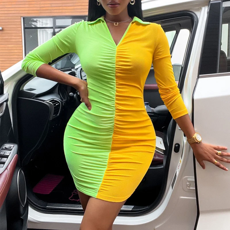 V neck Sexy Slim Sress Plus Size Bodycon Dress Color block Skinny Dress ...