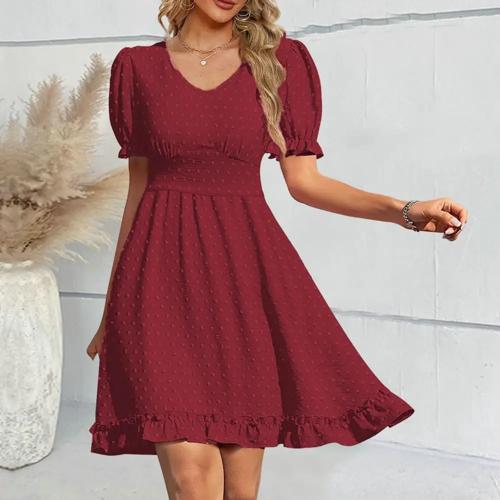 Women-Summer-Dress-V-Neck-Short-Sleeves-Loose-Hem-Dress-Solid-Color ...
