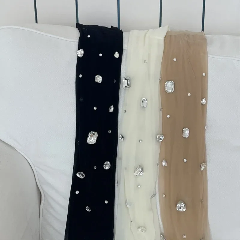 Rhinestones Splice Pantyhose Women Thigh Mesh Sexy See Through Solid ...