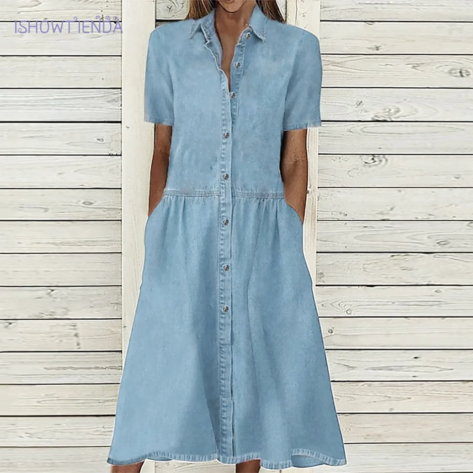 Summer Women'S Elegant Denim Dress Spring Standing Neck Single Breasted ...