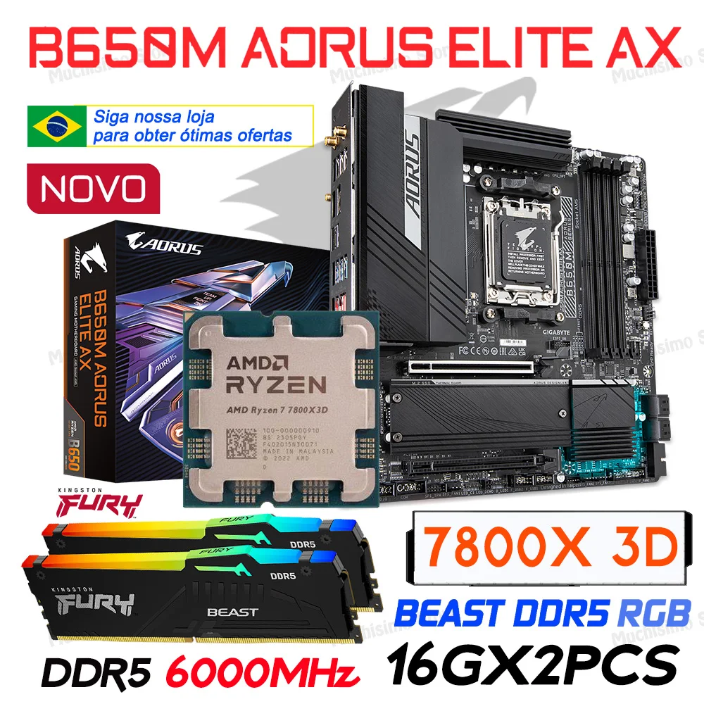 New AMD R7 CPU Combo Kit RYZEN 7 7800X3D CPU With B650M AORUS ELITE AX ...