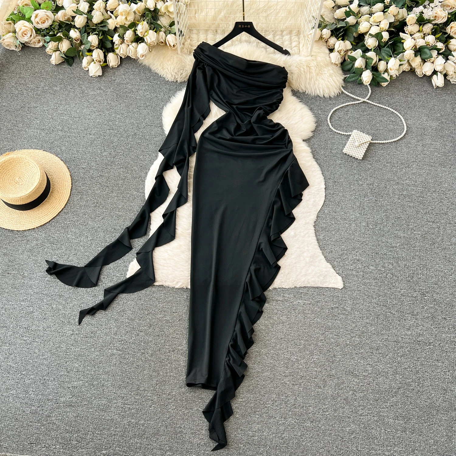 Women-Chic-Ruffle-Long-Sleeve-Diagonal-Collar-Ribbon-Sexy-Slim-Split ...