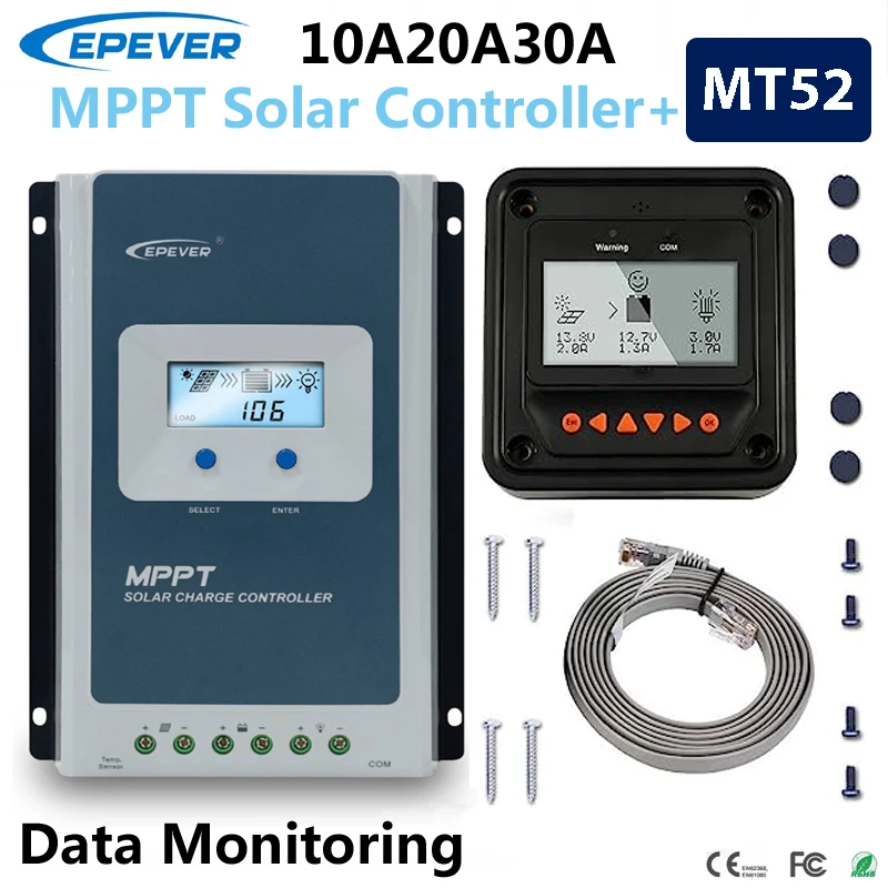 EPEVER 12V24V MPPT 태양광 충전 컨트롤러 MT52 원격 측정기 데이터 모니터링 기능이 있는 10A 20A 30A ...