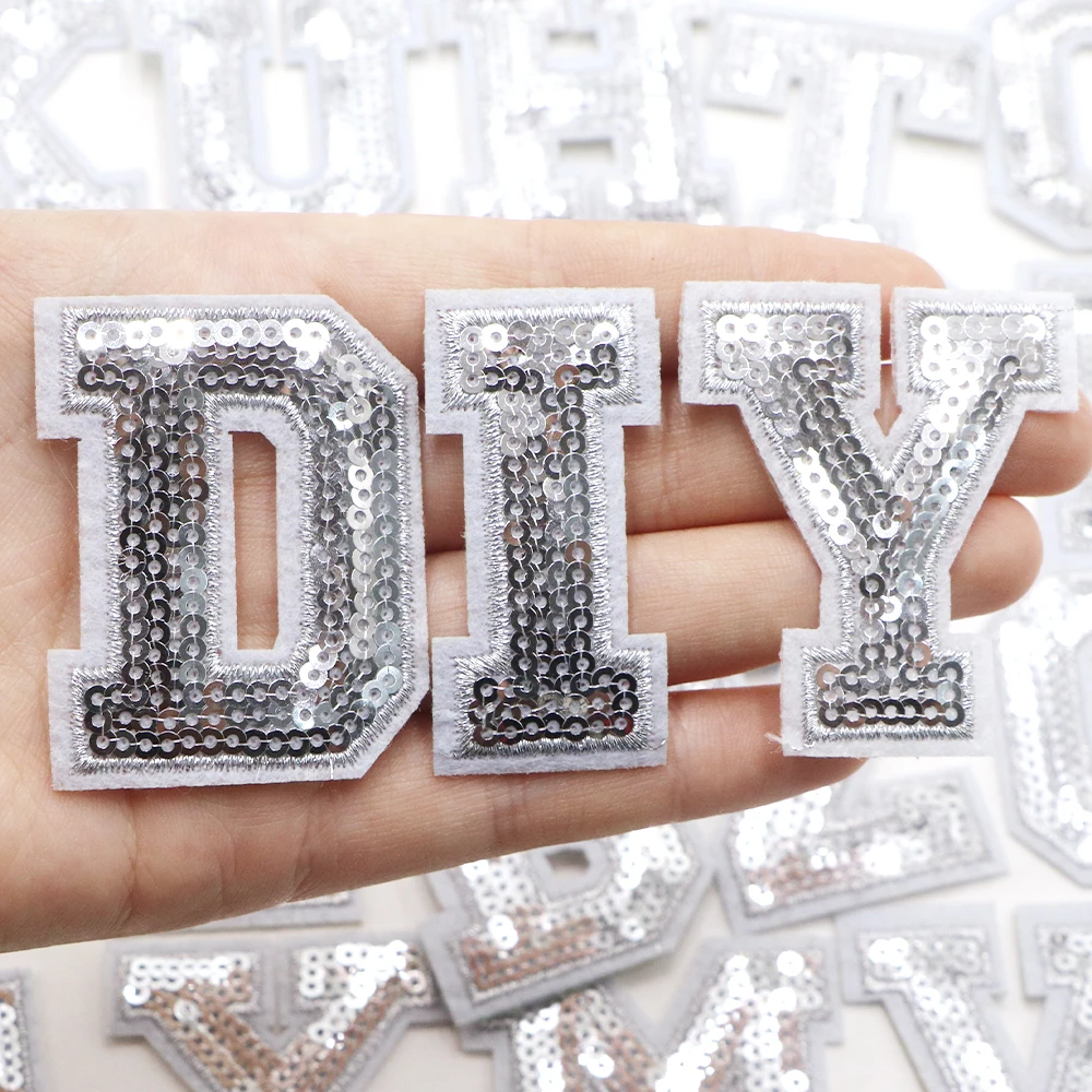1PC 50MM Silver Sequin Letter Embroidered Letter Patch DIY Name Patches ...