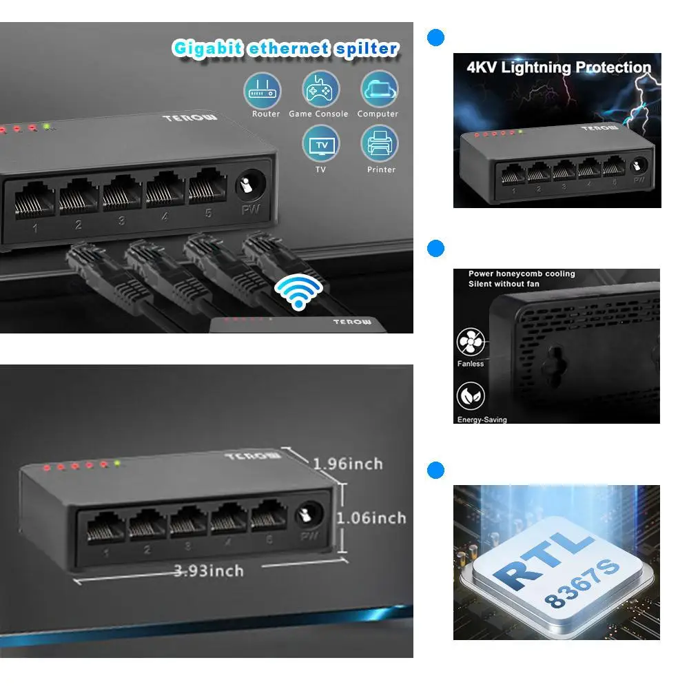 Terow-switch Gigabit Rede 802.3at Ethernet Af Rj45 Para Câmera Ip Ap ...