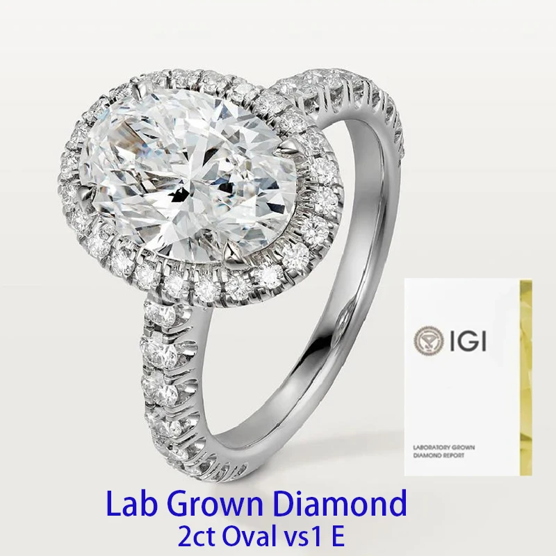 IGI Oval Shape Lab Diamond Amazing Halo Ring VS1 EF 2.0Ct Lab Created HPHT CVD Diamond in 14k ...