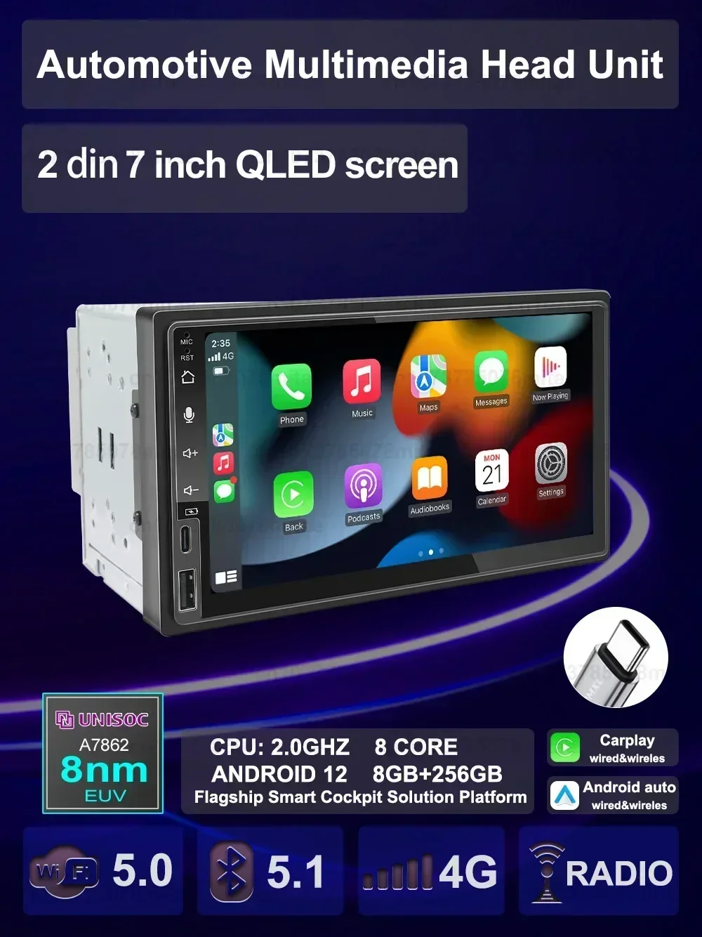 2USB Universal Double 2Din 7 Inch Car multi-media AI Voice Wireless ...