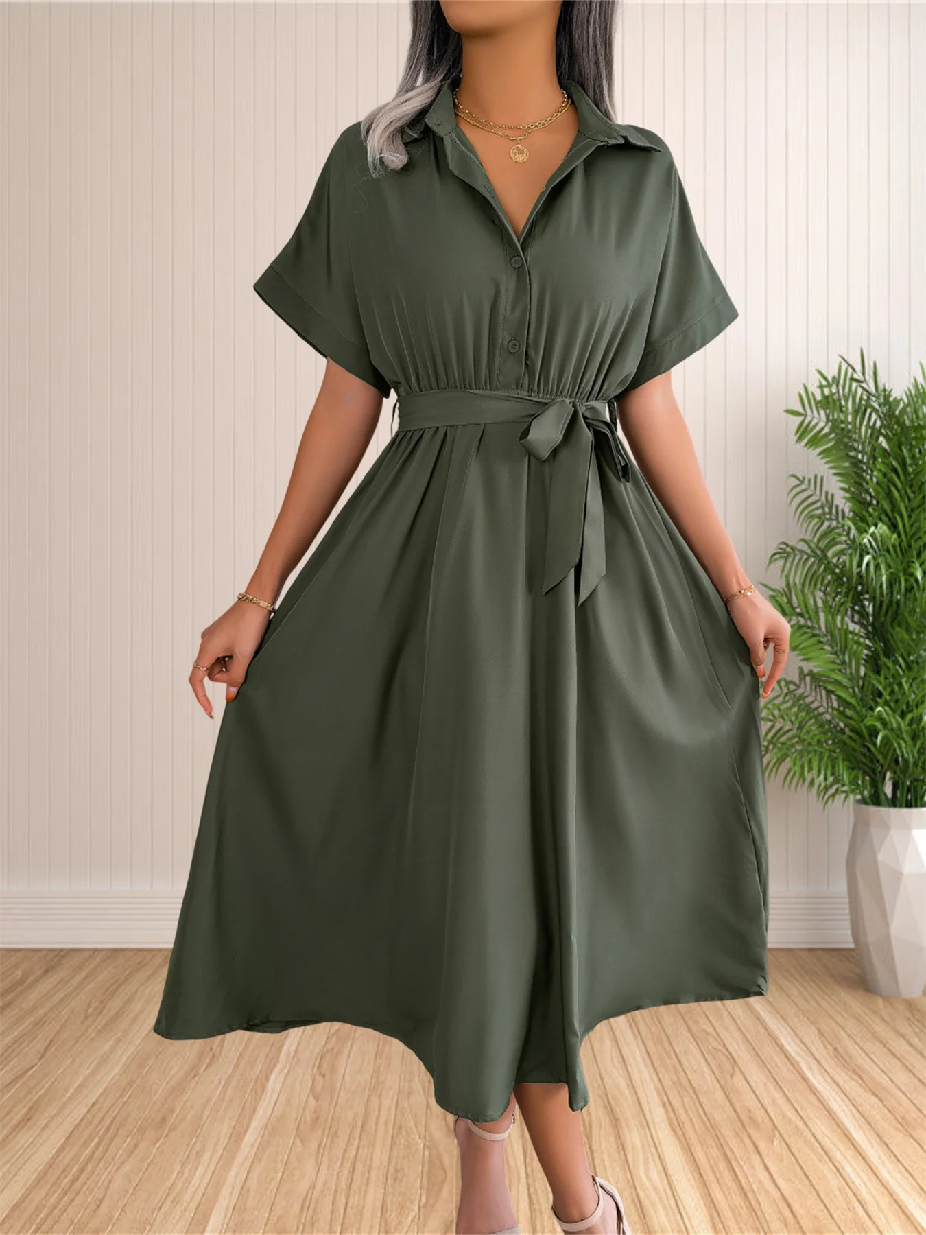 Women-s-Collar-V-Neck-Dress-Summer-Casual-Short-Sleeve-Button-Front ...