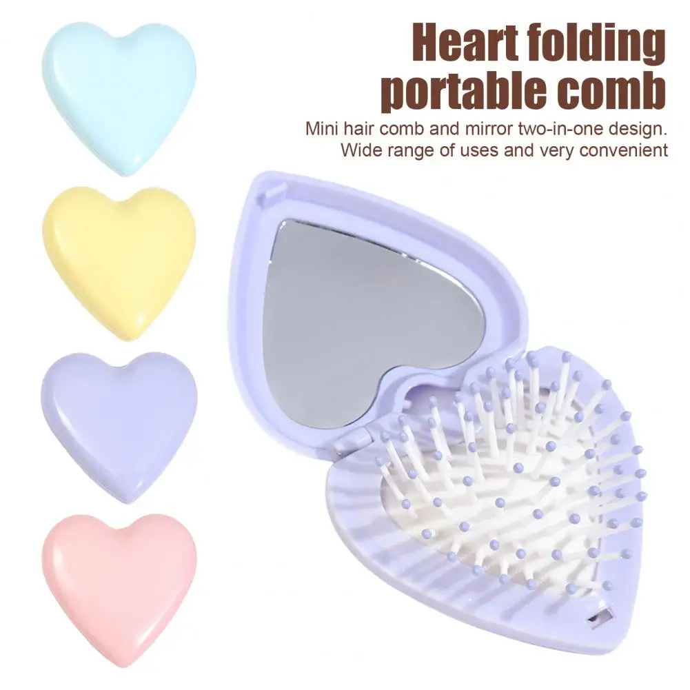 Heart Hair Brush with Mirror 2 In 1 Soft Bristles Scalp Massage Folding ...