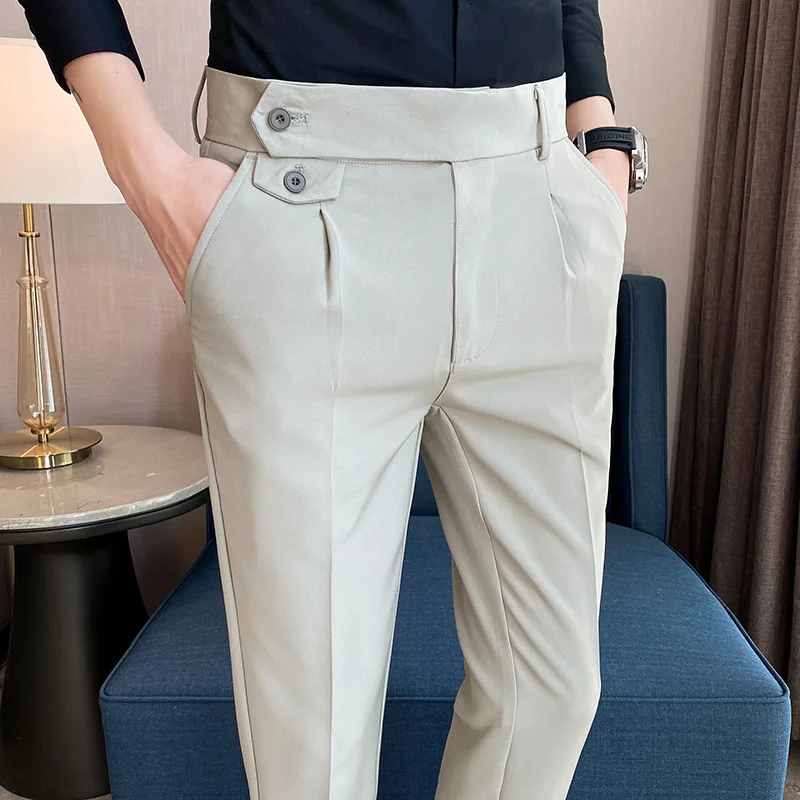 2023-Men-High-Waist-Casual-Dress-Pant-Men-Belt-Design-Slim-Trousers ...