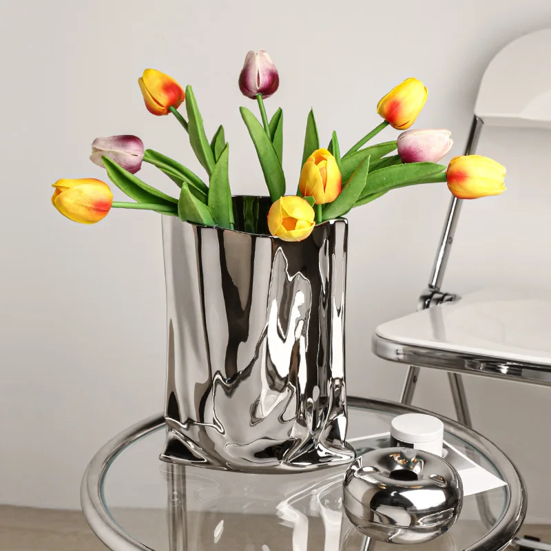 Abstract Ceramic Silver Plant Vase Electroplating Floral Living Room ...