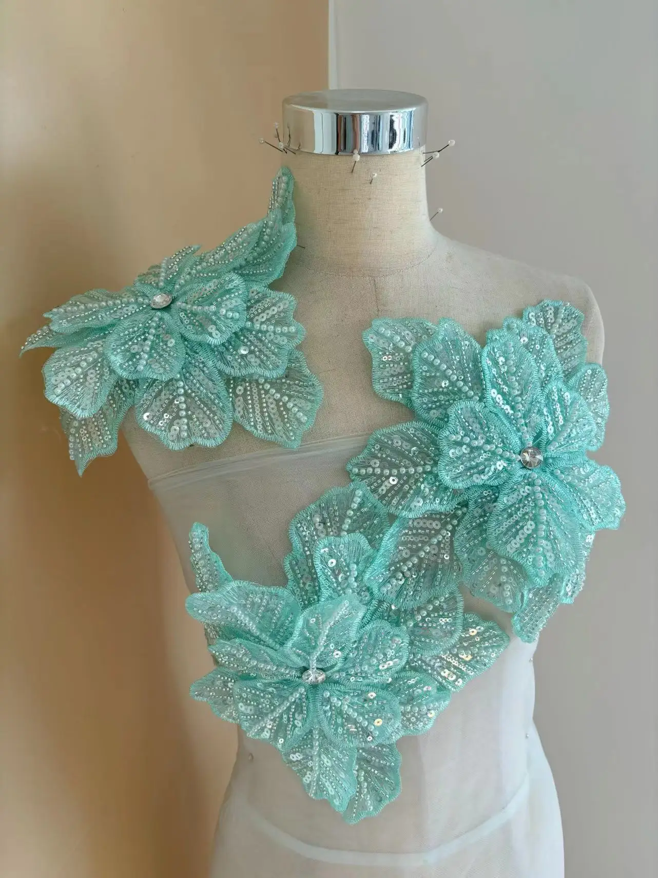 1-Piece-Aqua-Blue-Embroidered-Beaded-Flower-with-Sequins-Applique-3D ...