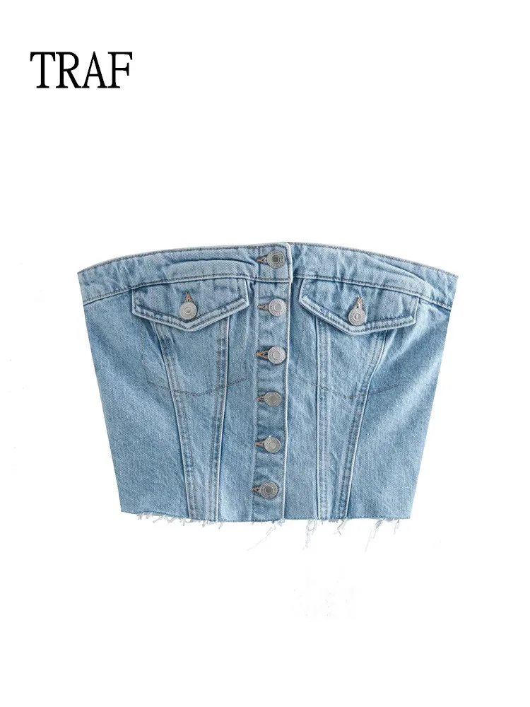 TRAF-Camisola-de-al-as-jeans-sem-costas-de-peito-nico-feminino ...