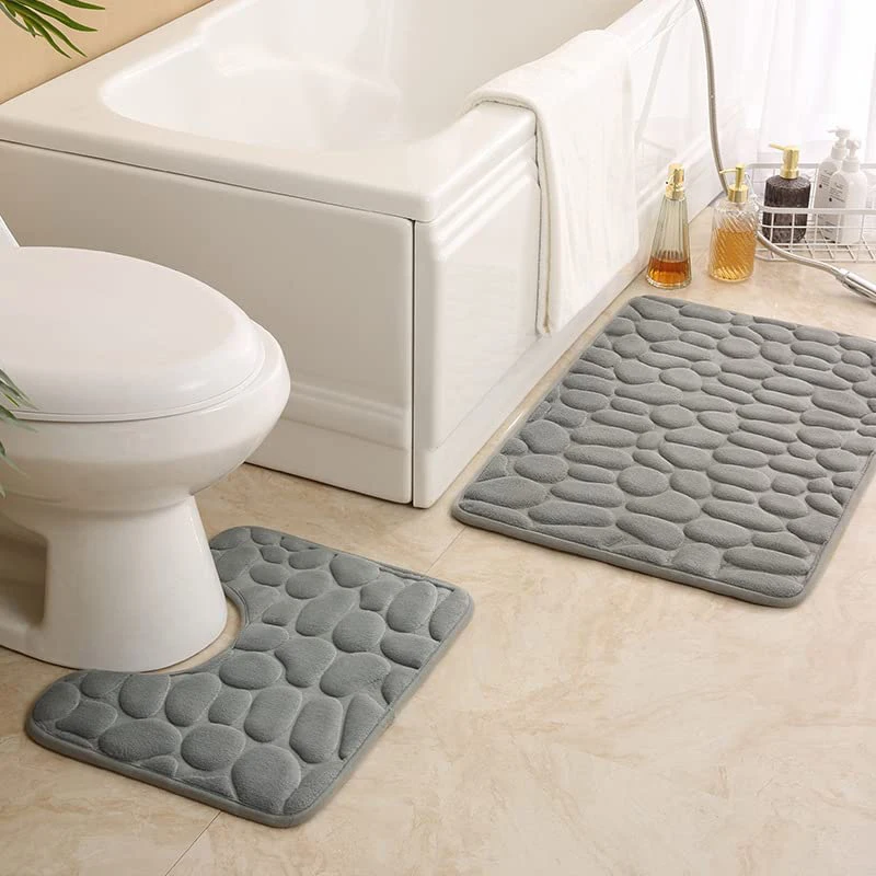 2PCS-Bathroom-Bath-Mat-Set-Cobblestone-Embossed-Anti-Slip-Rug-Water ...