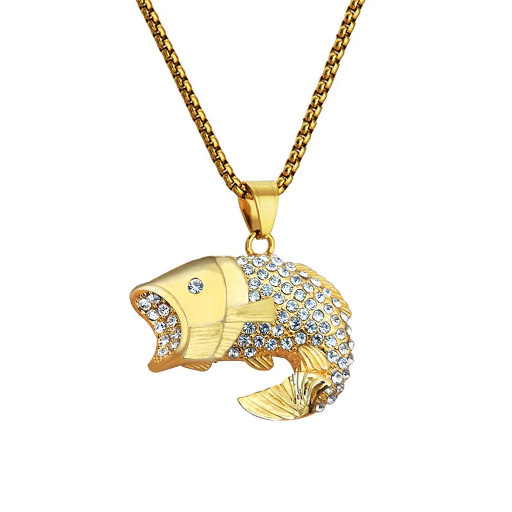 Hip Hop Ice Out Bling Fish Pendant Gold Color Stainless Steel Ocean ...
