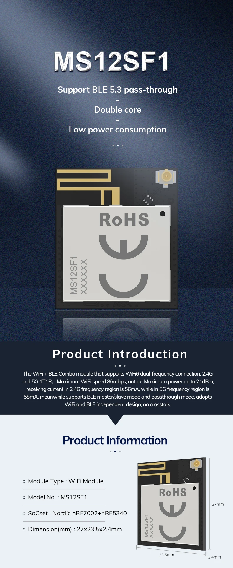 Generic nRF7002+nRF5340 WiFi 6+BLE 5.3 Combo Module MS12SF1 2.4G and 5G ...