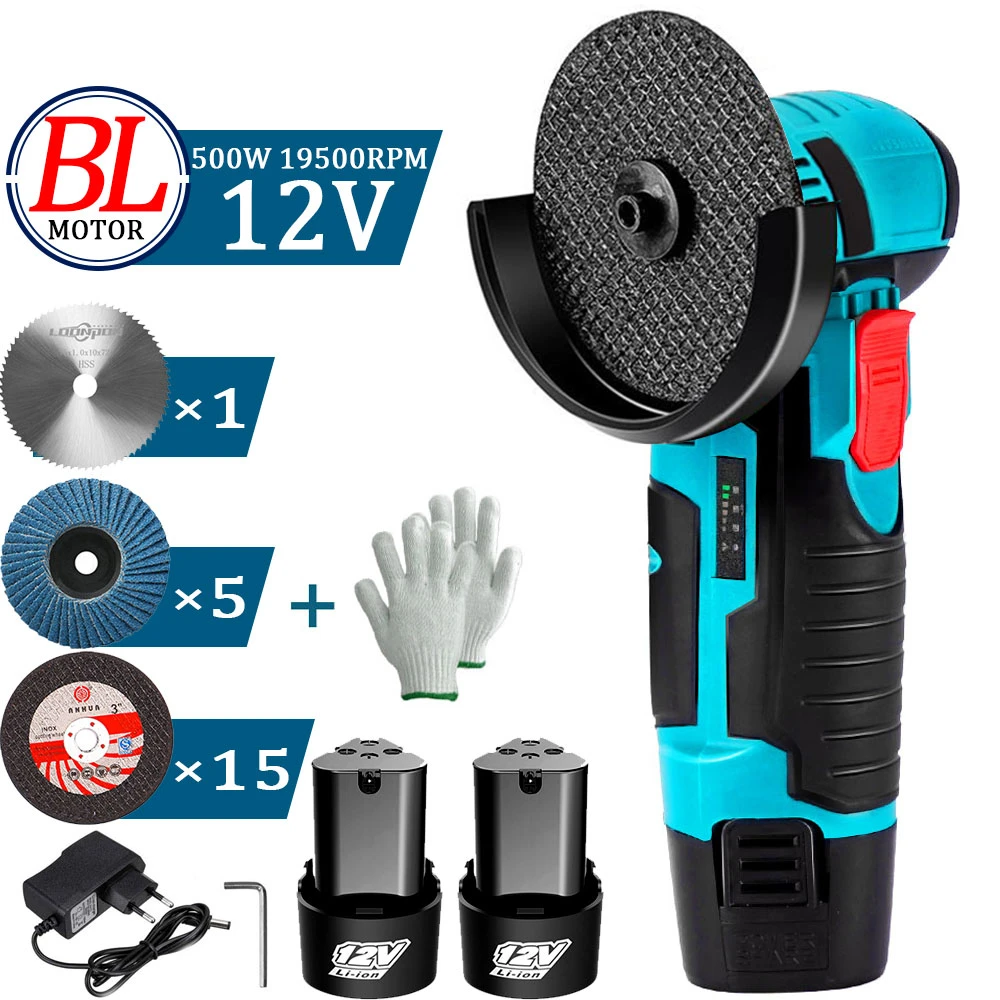 12V Brushless Angle Grinder 2PCS Lithium Battery 500W 19500Rpm Cordless ...
