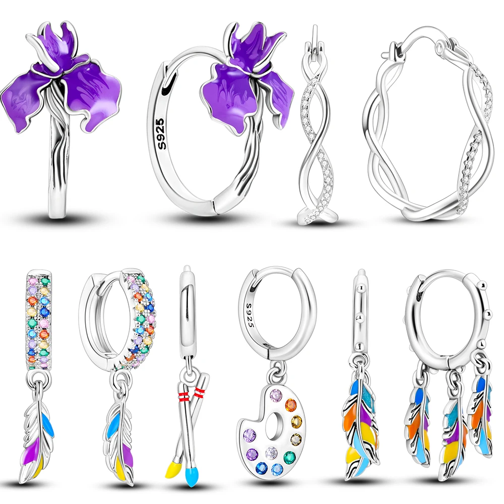 925 brincos de prata esterlina pintura roxo flor pena argola brinco zircão fazer jóias presente ...