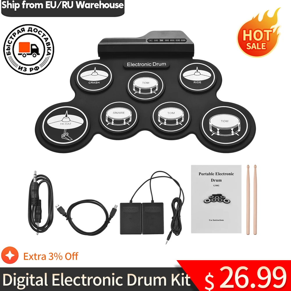Kit de Bateria Eletrônica Digital, Tamanho Compacto, USB, Folding Silicon Drum Pad, 7 Pad ...