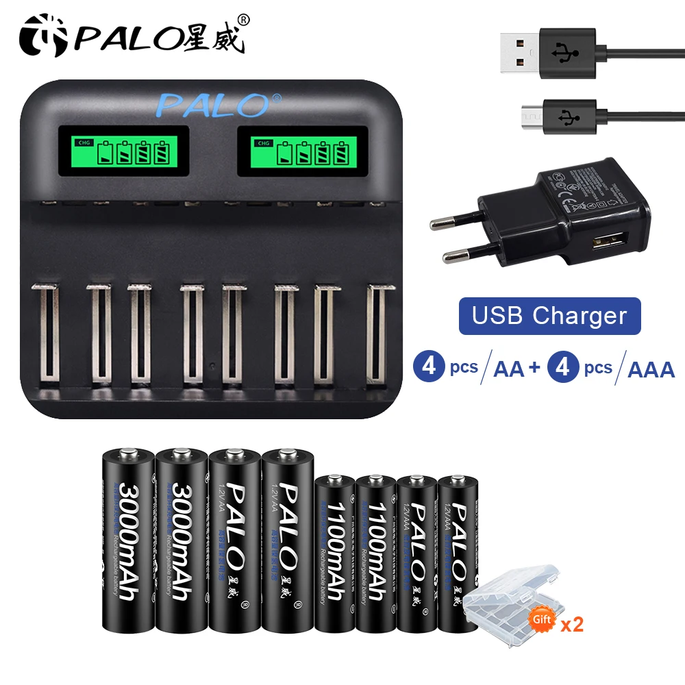 Palo 1.2v 3000mah aa bateria recarregável + 1100mah aaa bateria com display lcd inteligente usb ...