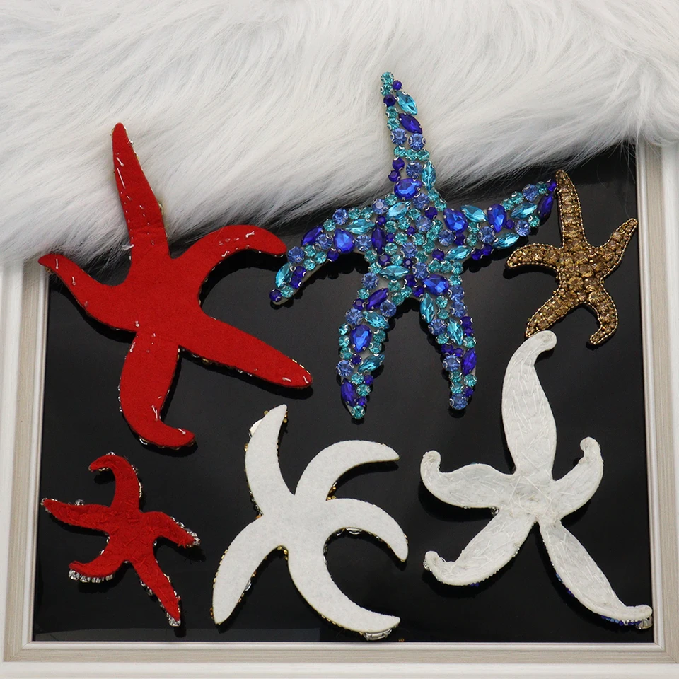 Blue Crystal Applique Coral Pink Starfish Patch Metallic Gold Sea Star Applique VINTAGE Sewing Patch