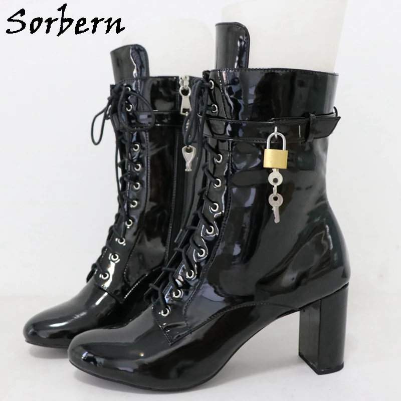 Sorbern-Block-High-Heel-Ankle-Boots-Unisex-Lockable-Zippers-Top-Straps ...