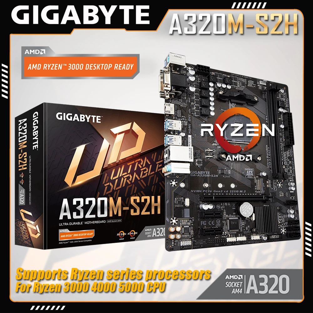 Novo gigabyte A320M-S2H placa-mãe ddr4 32g m.2 amd a320 chipset suporta ...