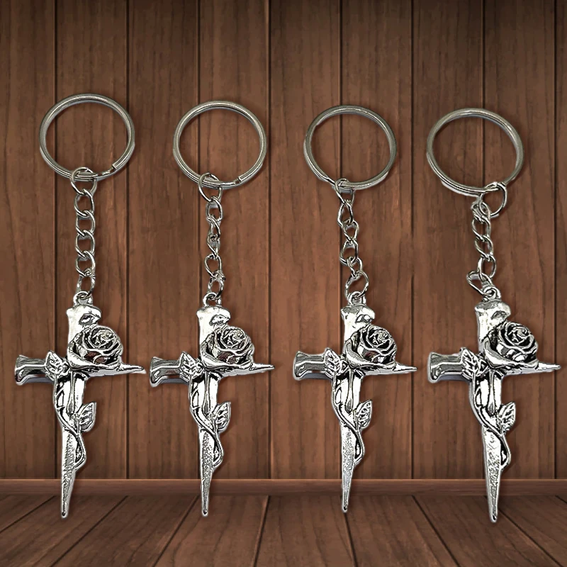 Gothic-Style-Thorns-Rose-Cross-Shelf-Keychain-Retro-Punk-Style-Keyring ...