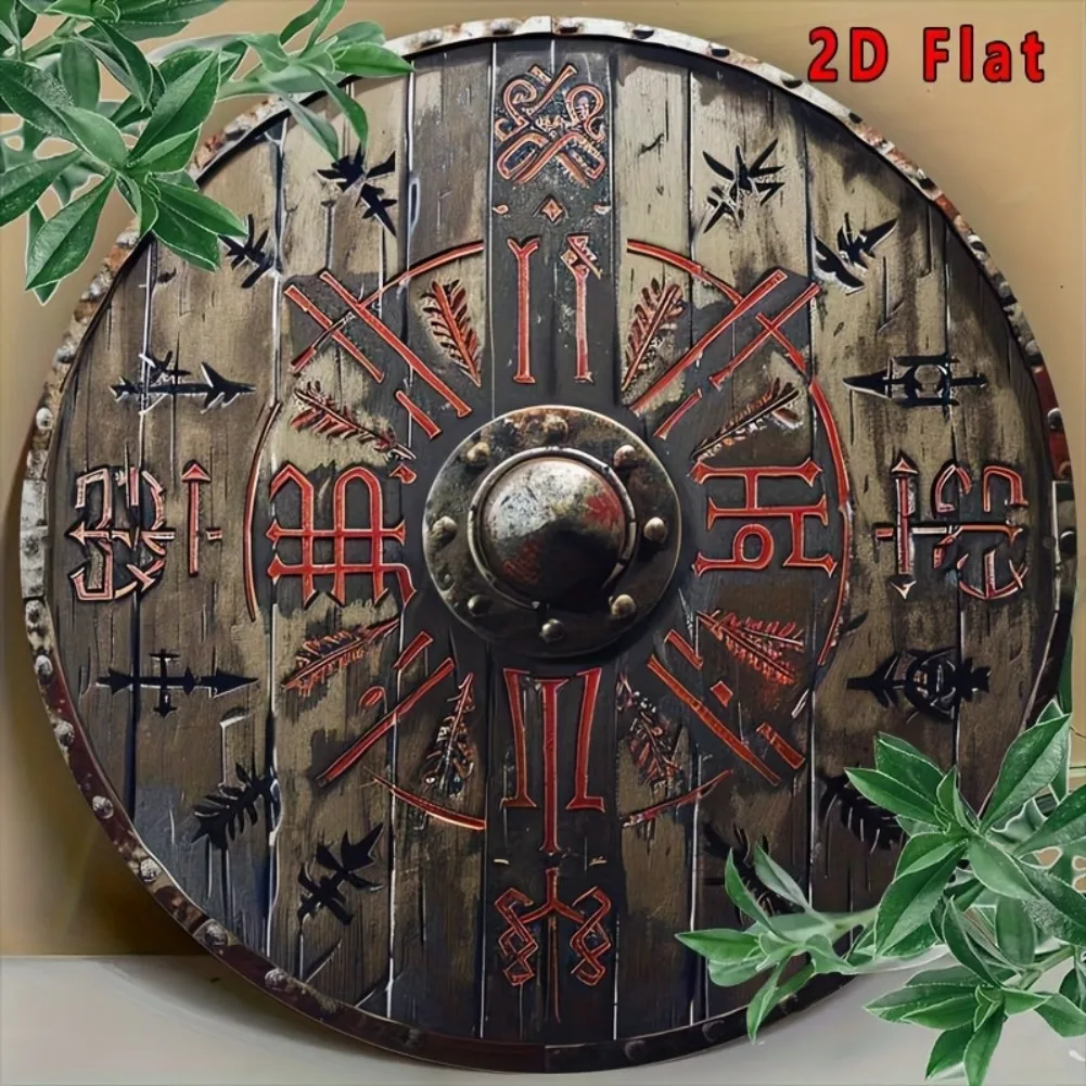 2D Flat, 12" Round Vintage Viking Shield Metal Wall Hanging Sign ...