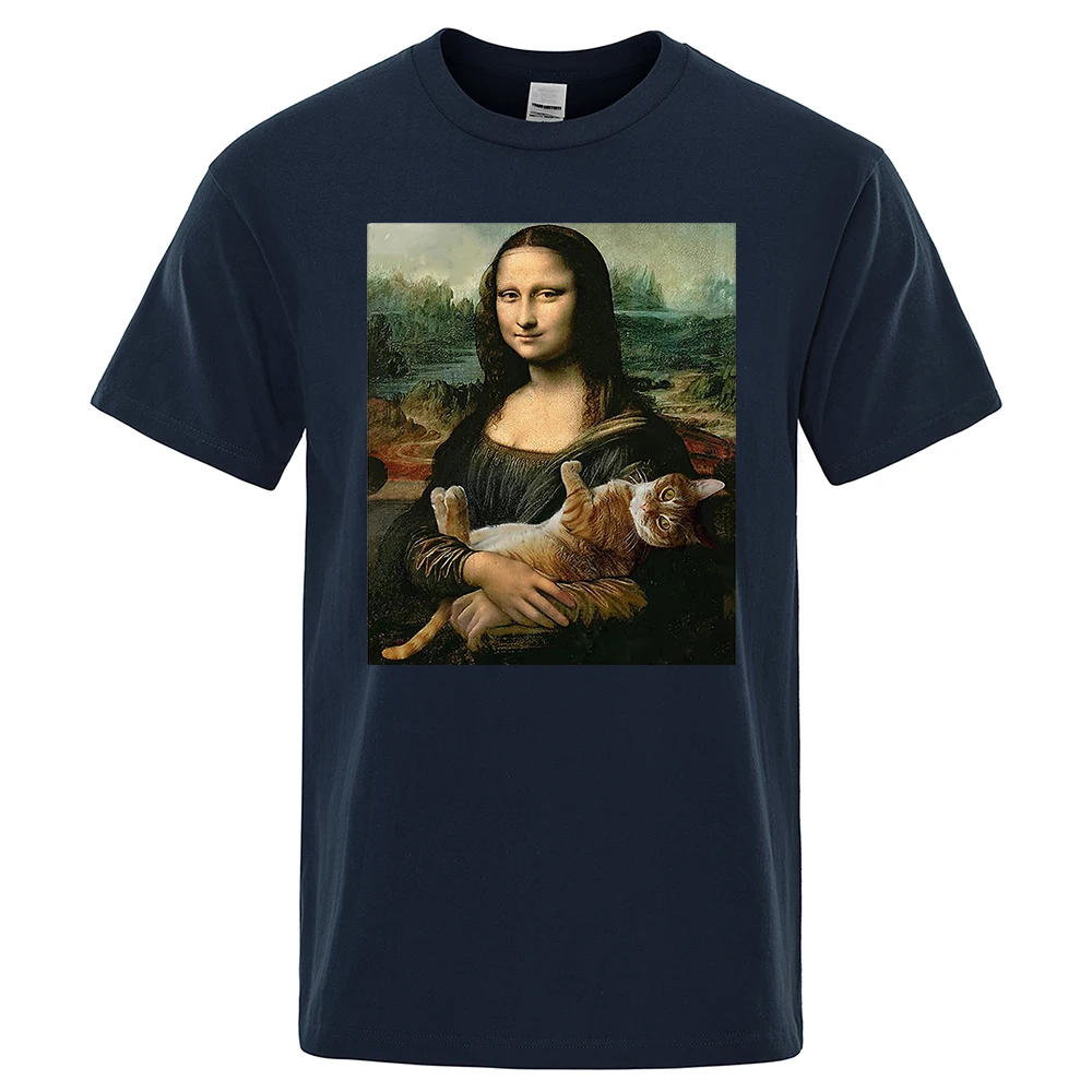 Funny Mona Lisa And Cat Printed T-Shirt For Men Summer Cotton T Shirt ...