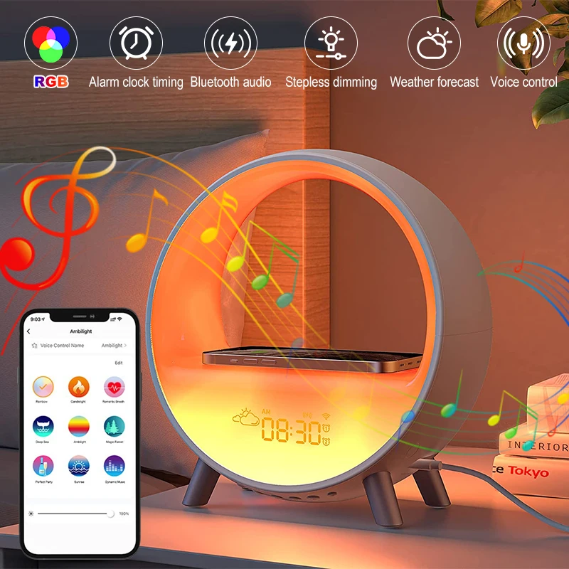 LED-Sunrise-Wake-up-Light-Smart-Alarm-Clock-Wireless-Charging-Speaker ...