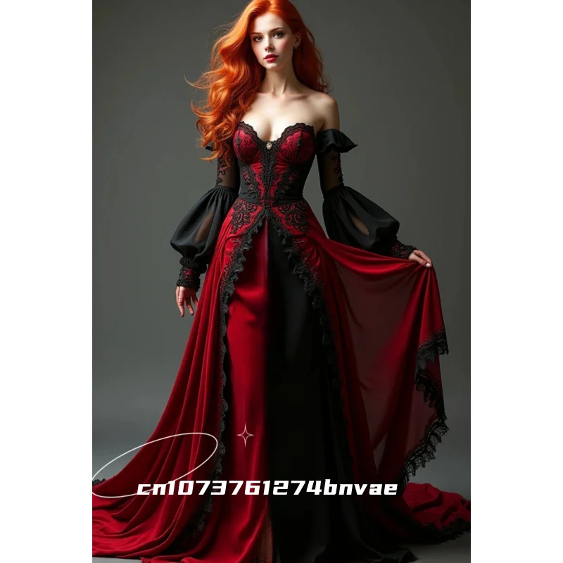 Vintage Black And Red Gothic Prom Dress Long Sleeves Lace Appliques ...