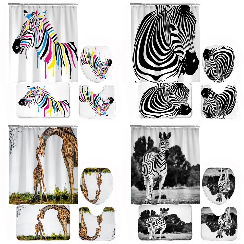 Wild-Animal-Zebra-Shower-Curtain-Set-Watercolor-Wildlife-Forest-Scenery ...