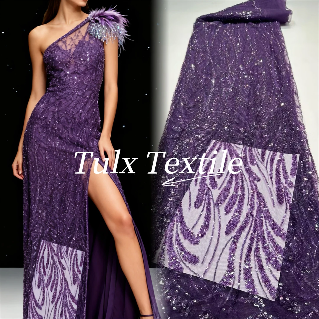Luxury African Sequins Embroidered Purple Lace Fabric 2026 High Quality ...