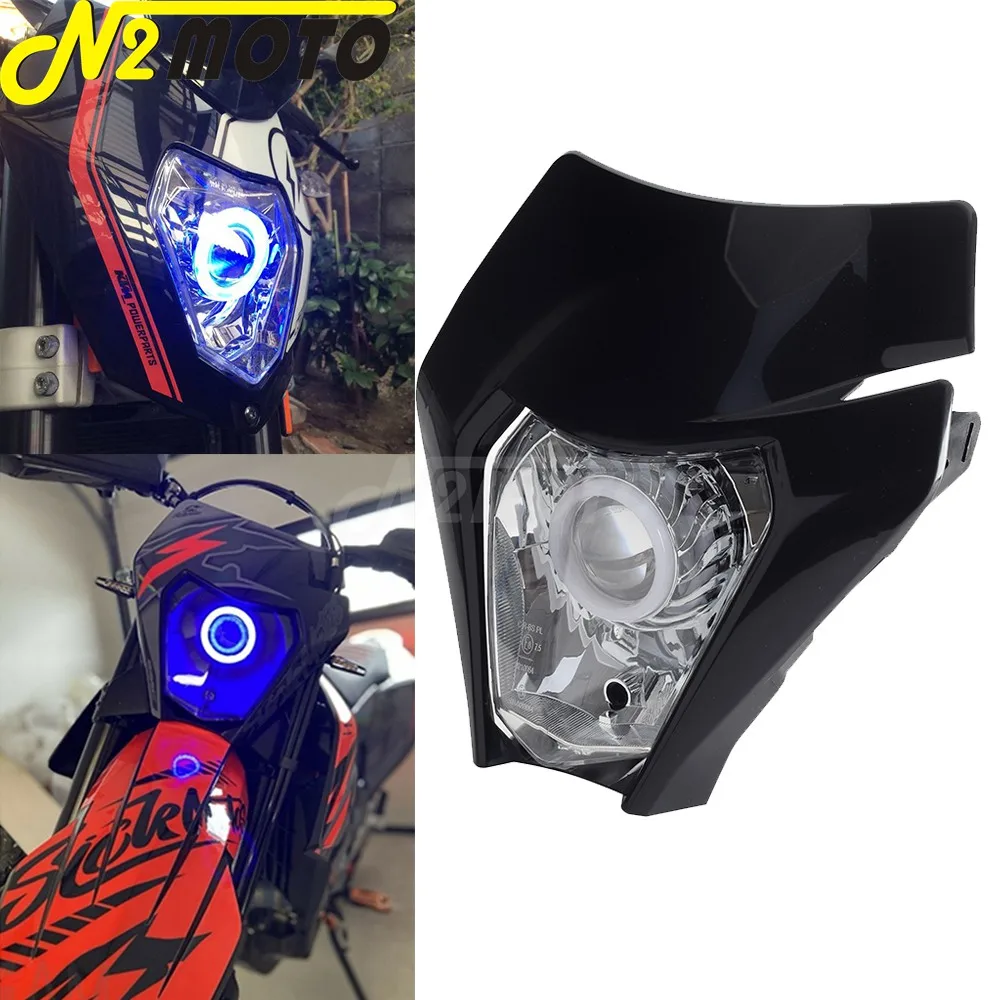 Supermoto-Motorcycle-LED-Headlight-High-Low-Beam-With-Angel-Eyes-DRL ...