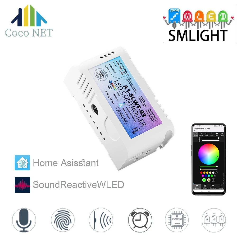 ESP32-SMLIGHT-WLED-Mic-RGBIC-Pixels-LED-Controller-Home-Assistant ...