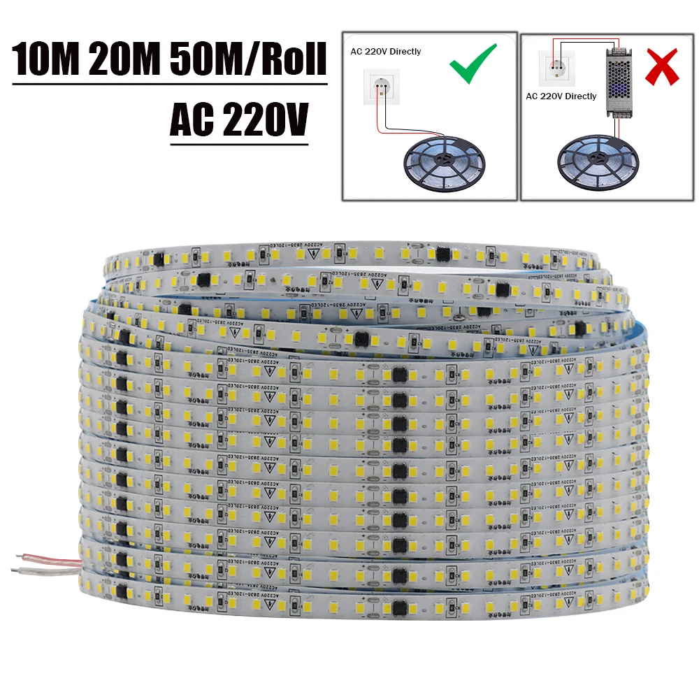 10M 20M 50M/Roll AC 220V 240V LED Strip NO Need Driver IP44 3000K 4000K ...