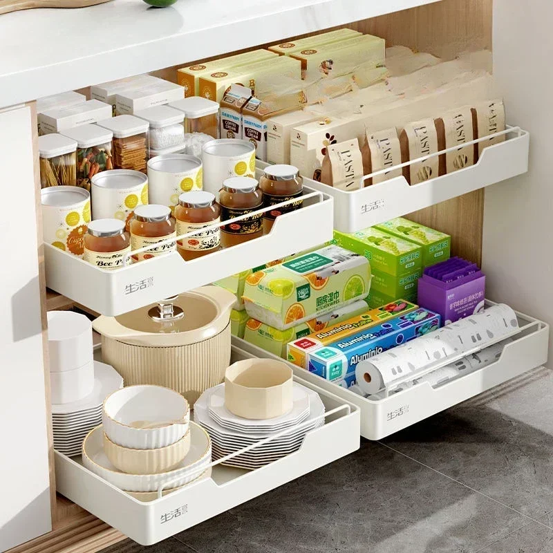 Kitchen-Slides-Drawer-White-Cabinets-with-Slide-Rails-Free-of-Installation-of-Storage-Trays ...