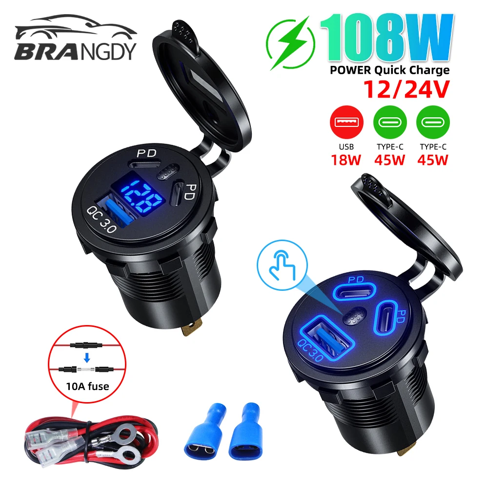 12V-24V-USB-Outlet-108W-3-Ports-Car-Charger-Socket-Dual-45W-PD-Type-C ...