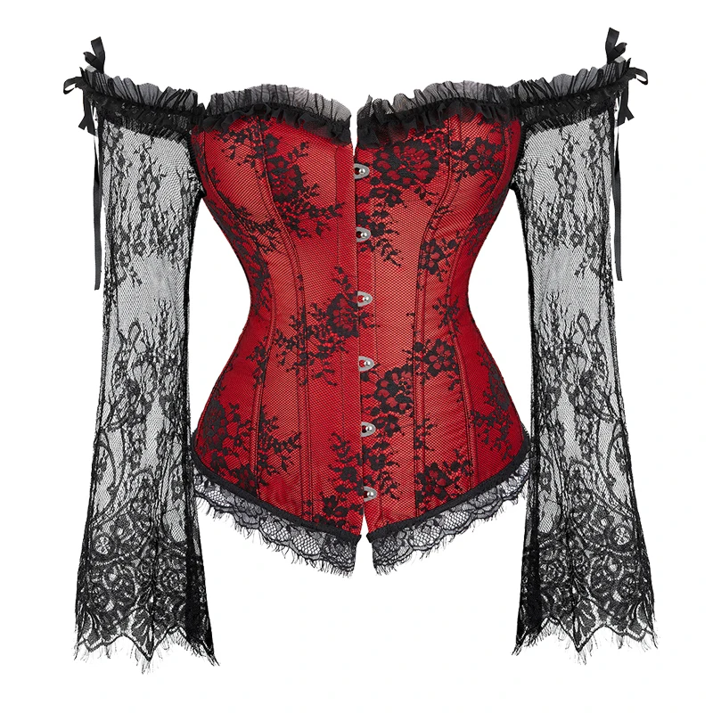 Overbust-Corset-Black-Red-Basques-Steampunk-Vintage-Floral-Lace-Long ...