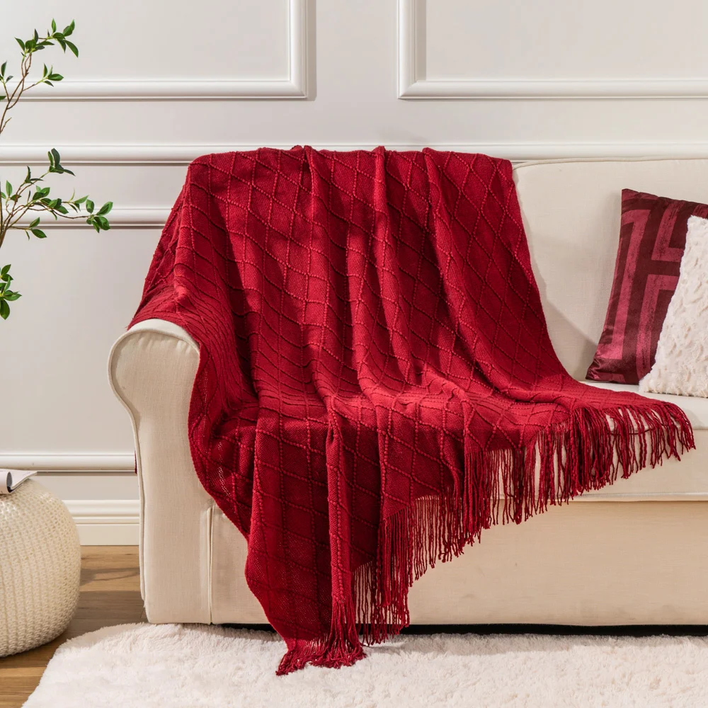 100-Acrylic-Knitted-Blanket-Soft-Red-Throw-Blanket-with-Tassels-Cozy ...