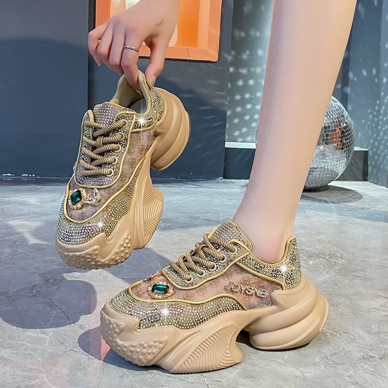 7.5cm Summer Luxury Designer Women Daddy Rhinestone Sneakers Thick Bottoms Mesh Pink Sweet Ladies Tenis Platform Shoes Spring AliExpress