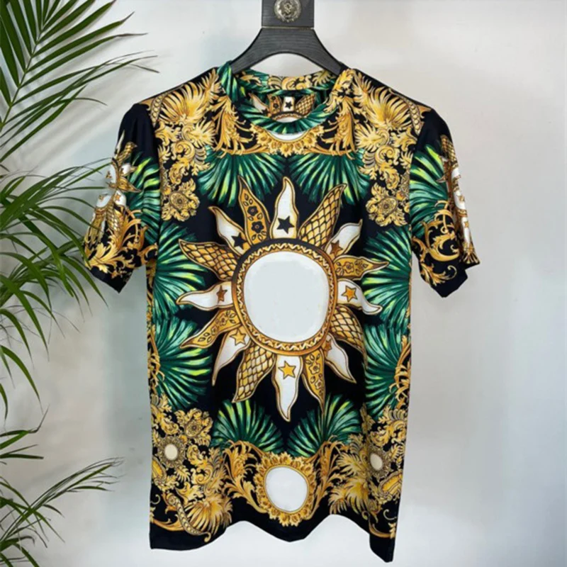 여름 바로크 브랜드 T 셔츠 남성 T 셔츠 3d 골드 플라워 프린트 힙합 유니섹스 2022 반팔 남성 럭셔리 의류 티 Top
