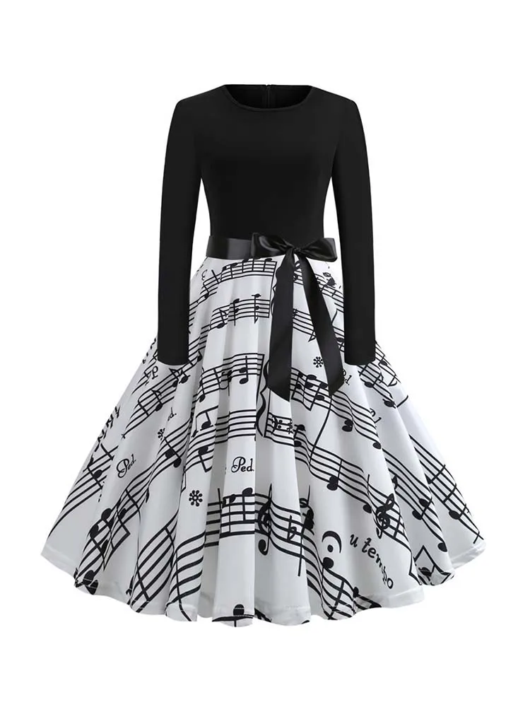 Music-Note-Print-Elegant-Party-Dress-Women-Retro-Vintage-Casual-Spring ...